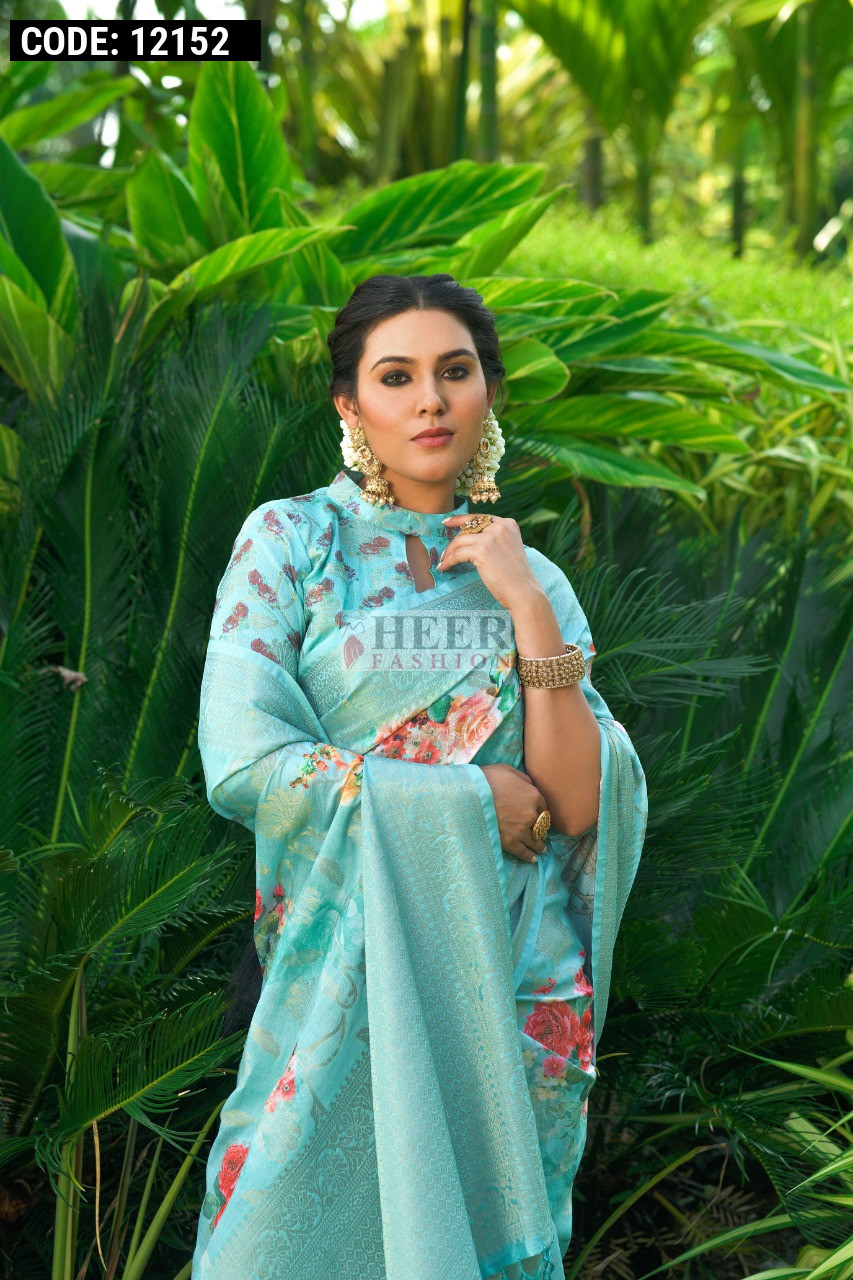 Blue color Soft Muga Silk Weaving digital printed saree