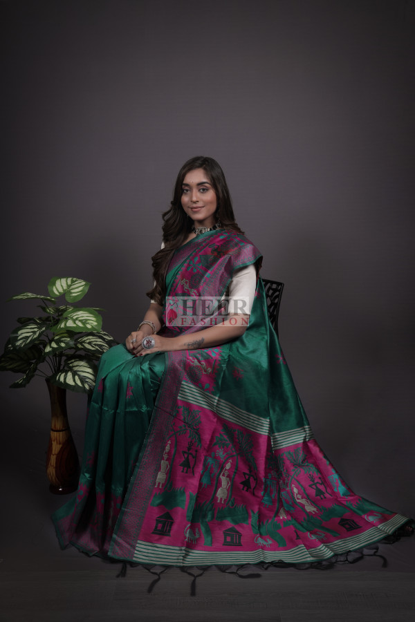 Rama green color handloom raw silk saree with zari woven work