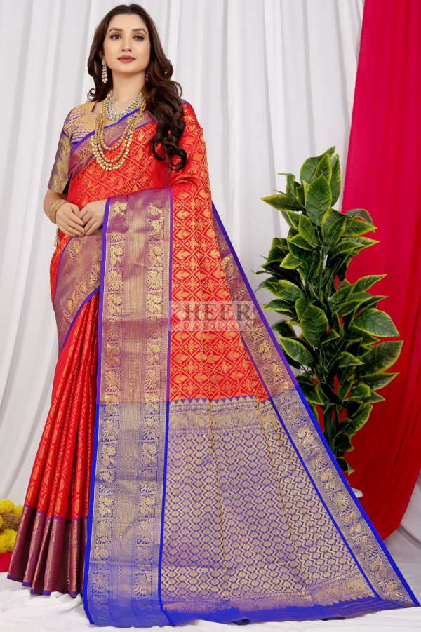 Red color kanchipuram silk saree with zari weaving work