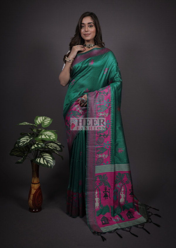 Rama green color handloom raw silk saree with zari woven work