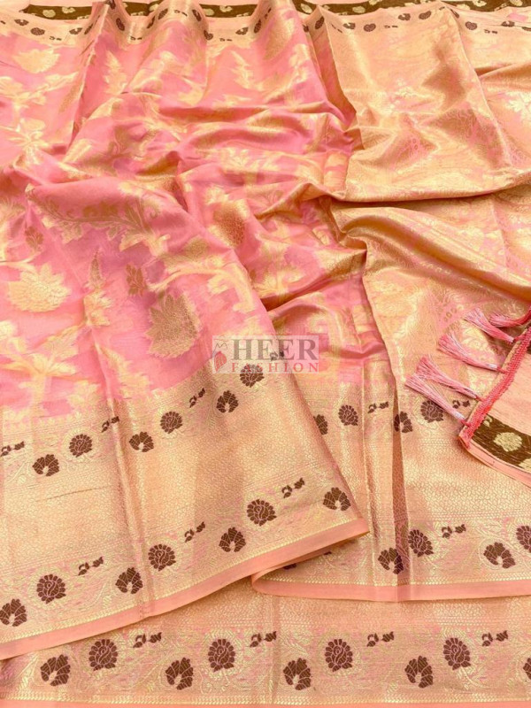 Gajari color soft organza silk saree with zari weaving work