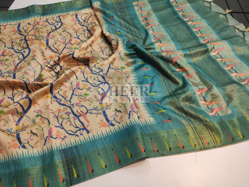 Rama green color tussar silk saree with digital printed work