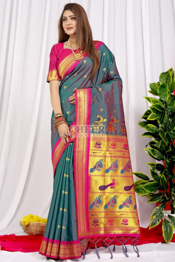 Rama green color paithani silk saree with zari weaving work