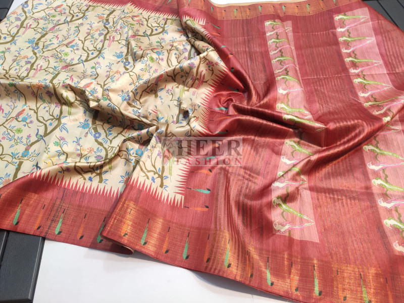 Peach color tussar silk saree with digital printed work