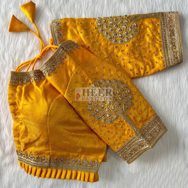 Heavy 3D embroidery work mustard yellow color blouse