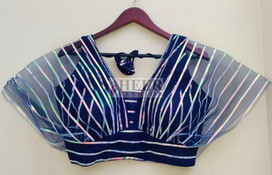 Navy blue color net blouse with radium stripes work