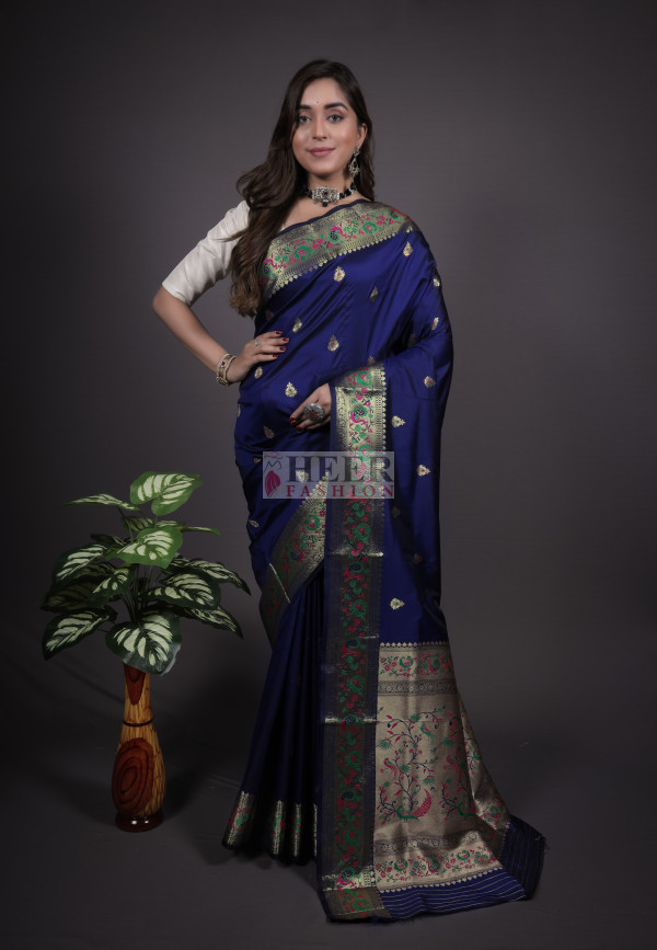 Navy blue color paithani silk saree with zari weaving work
