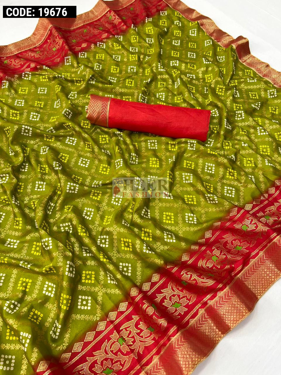 Mahendi green color soft dola silk saree with printed work