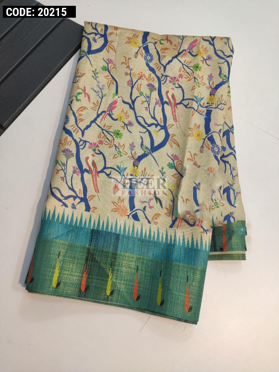 Rama green color tussar silk saree with digital printed work