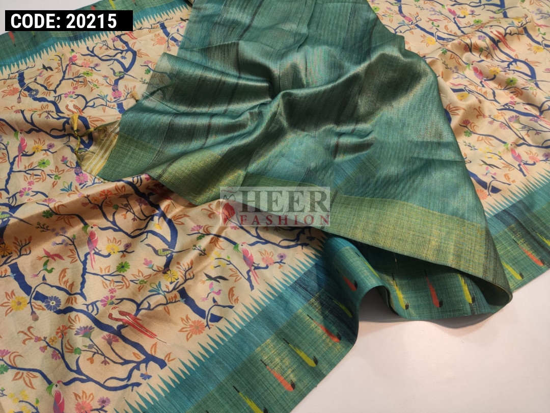 Rama green color tussar silk saree with digital printed work