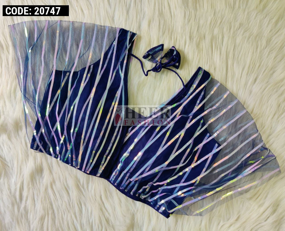 Navy blue color net blouse with radium stripes work