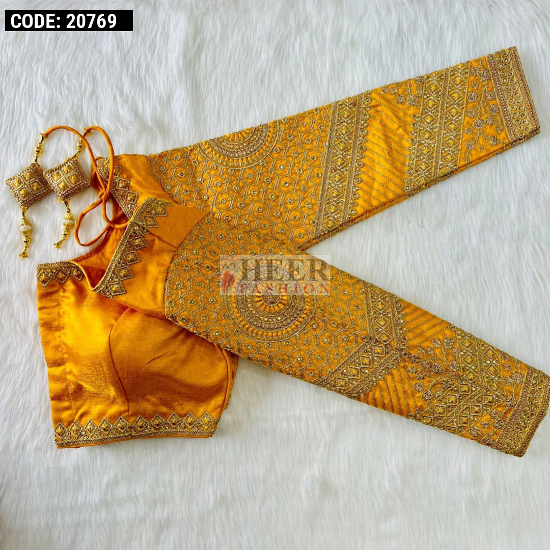 Heavy embroidery bridal work yellow color blouse