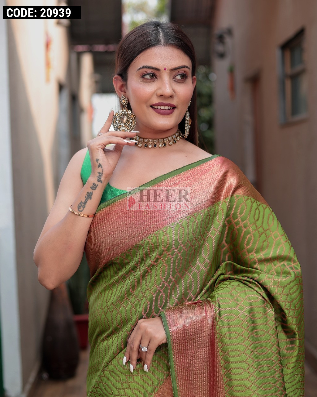 Mahendi green color kanchipuram silk saree with zari woven work