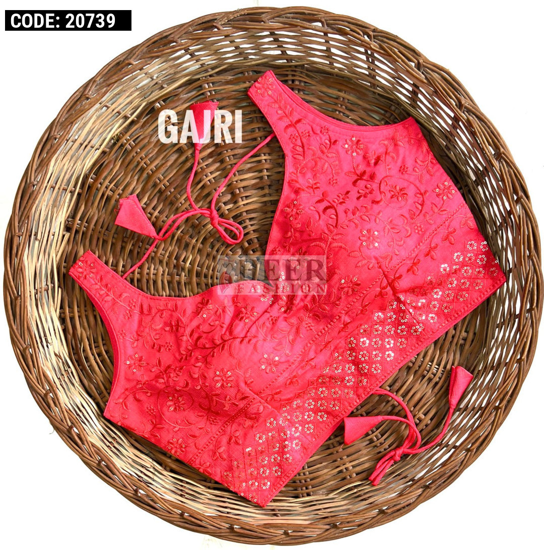 Gajari color chikan thread and sequence work blouse