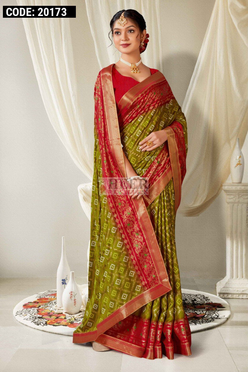 Mahendi green color soft dola silk saree with printed work