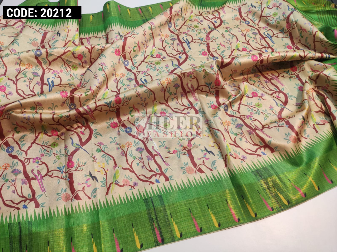 Apple green color tussar silk saree with digital printed work