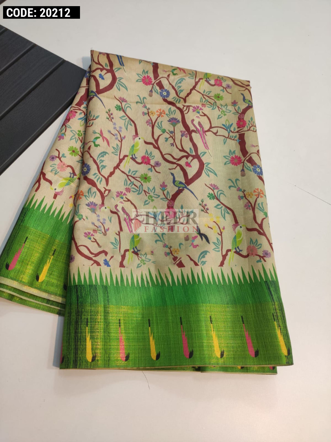 Apple green color tussar silk saree with digital printed work