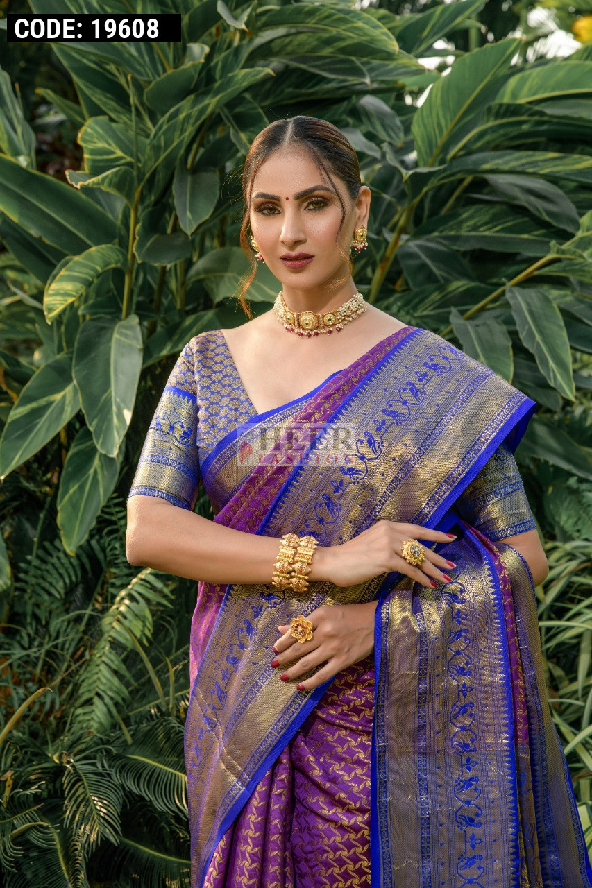 Purple color kanchipuram silk saree with zari weaving work