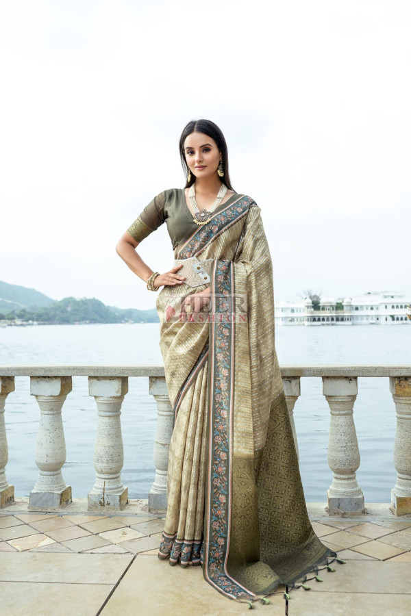 Mahendi green color soft tussar silk saree with zari weaving work