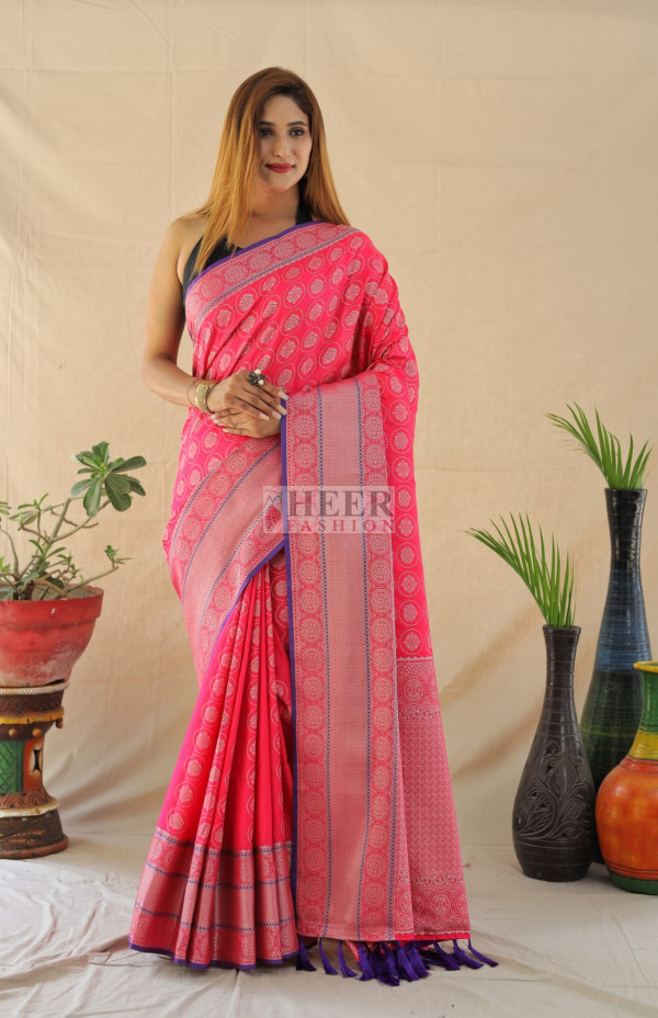Rani pink color banarasi silk saree with zari weaving work