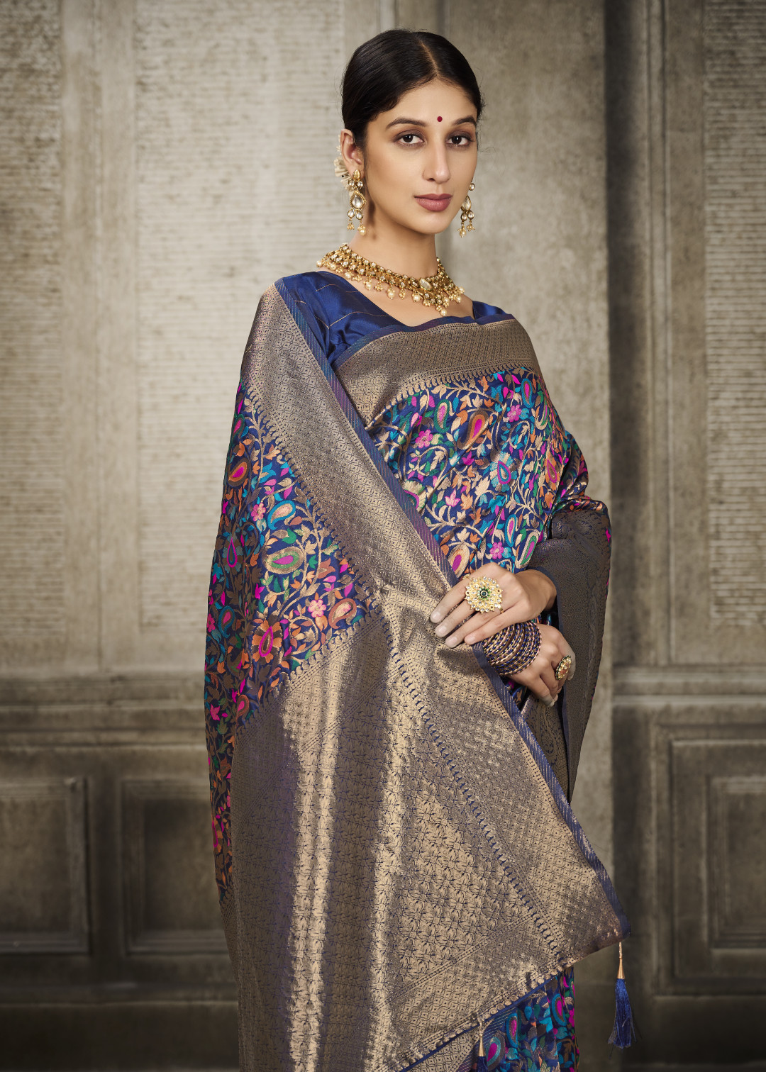Navy blue color banarasi silk saree with zari weaving work
