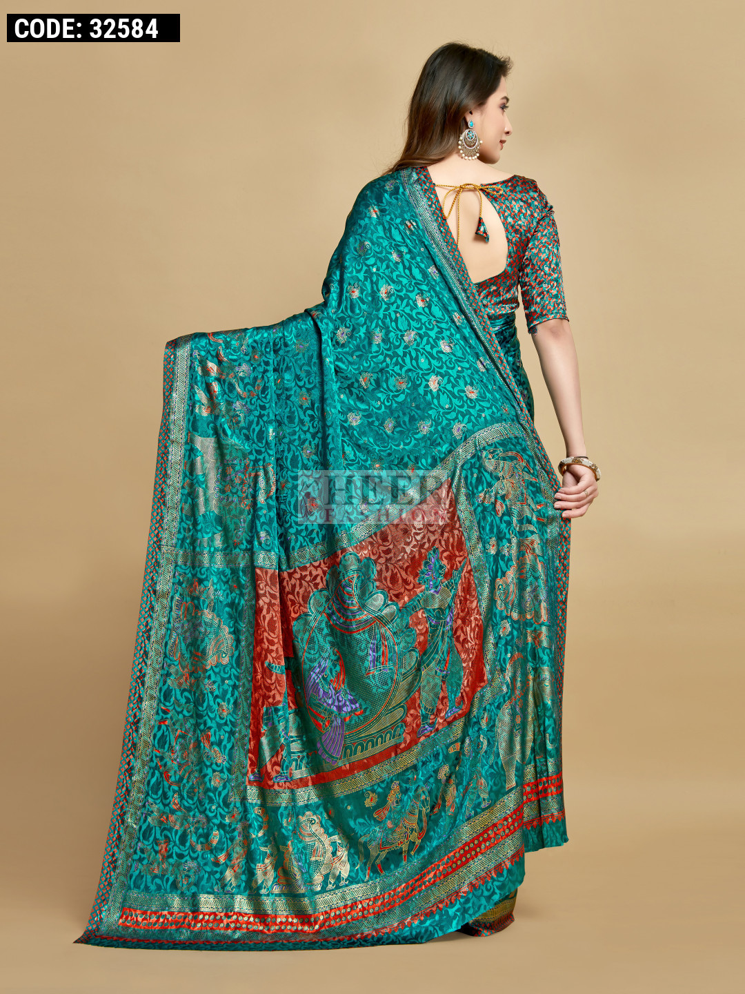 Rama green color soft jacquard silk saree with foil printed work