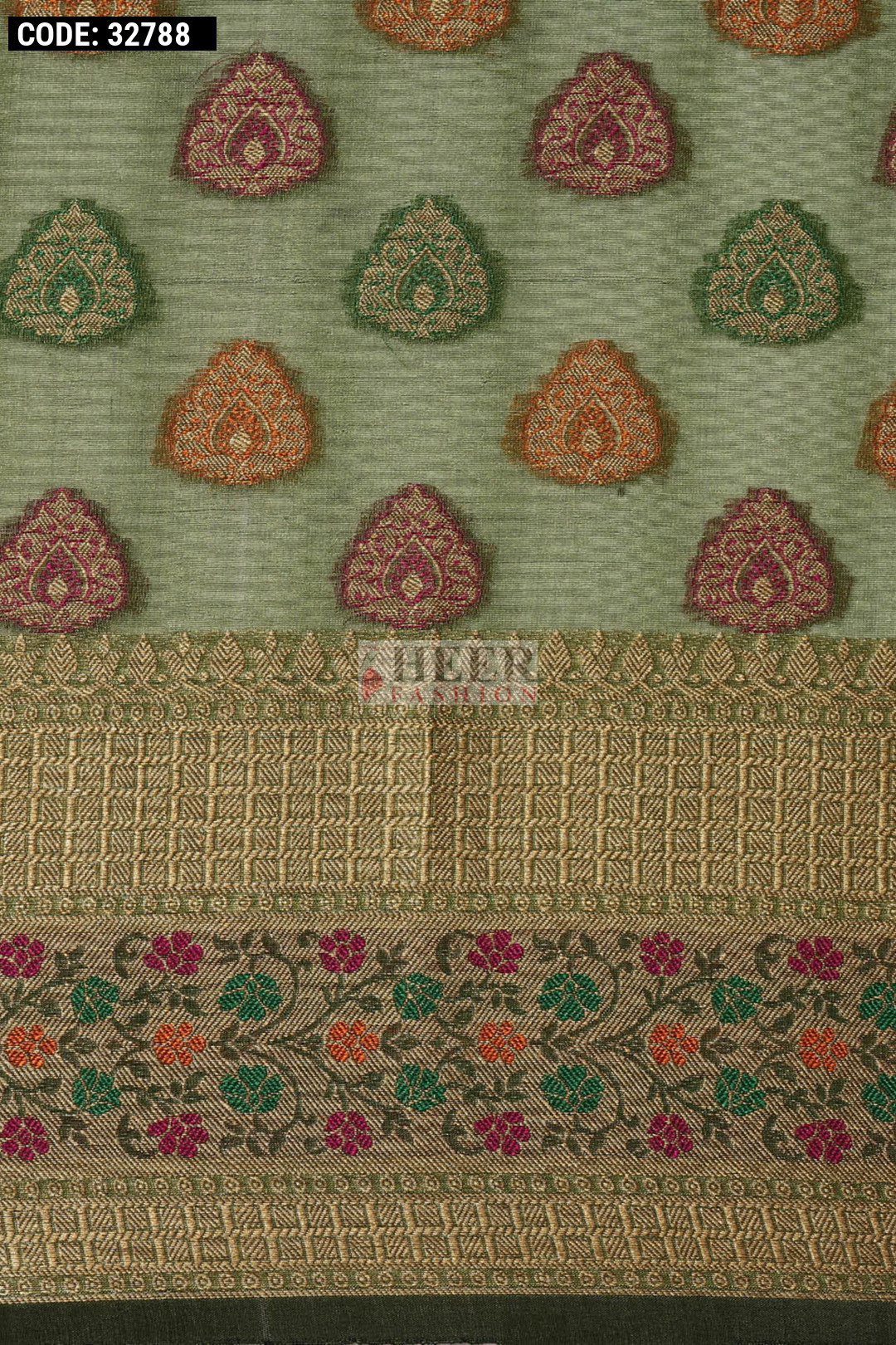 Mahendi green color soft organza silk saree with woven design