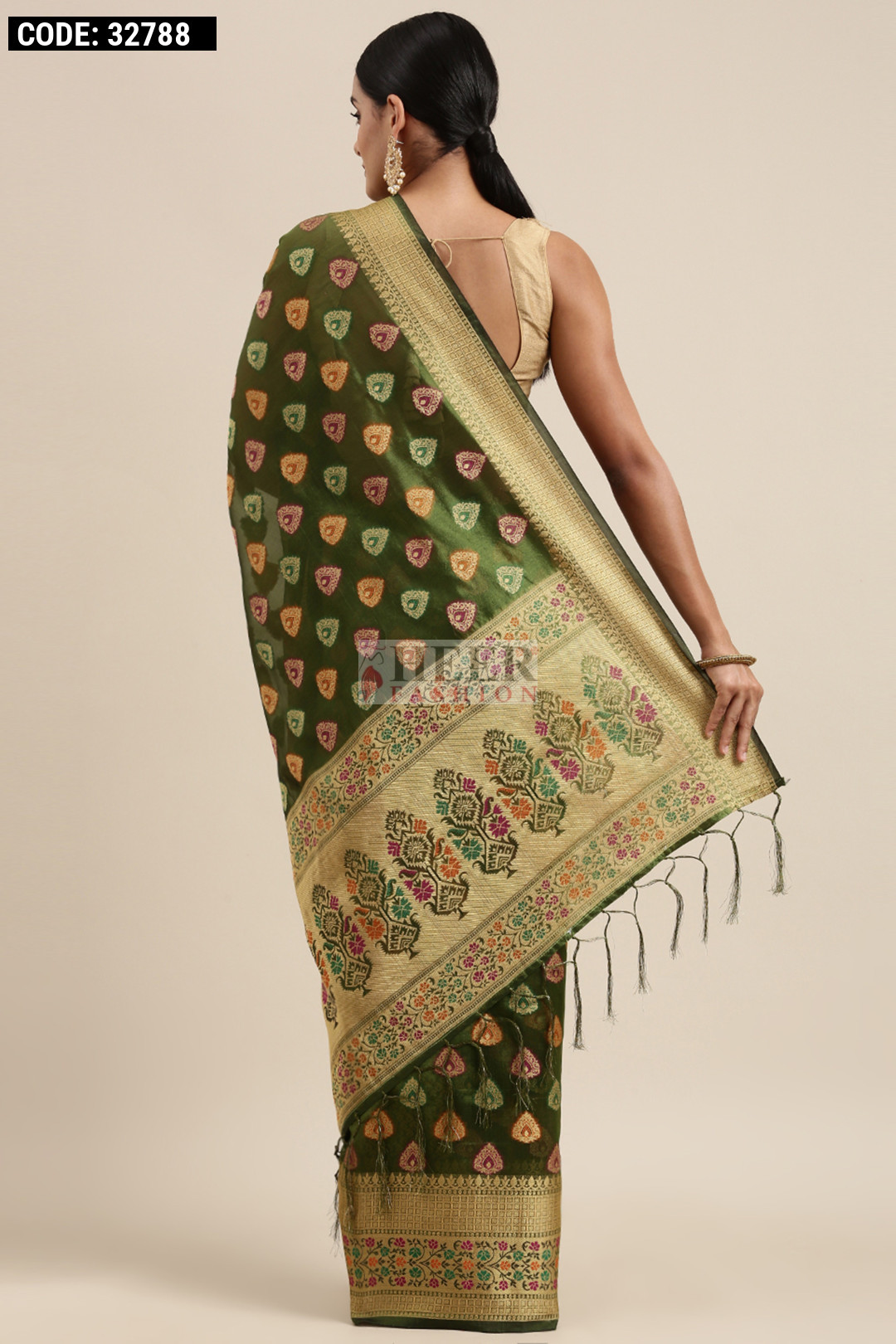 Mahendi green color soft organza silk saree with woven design