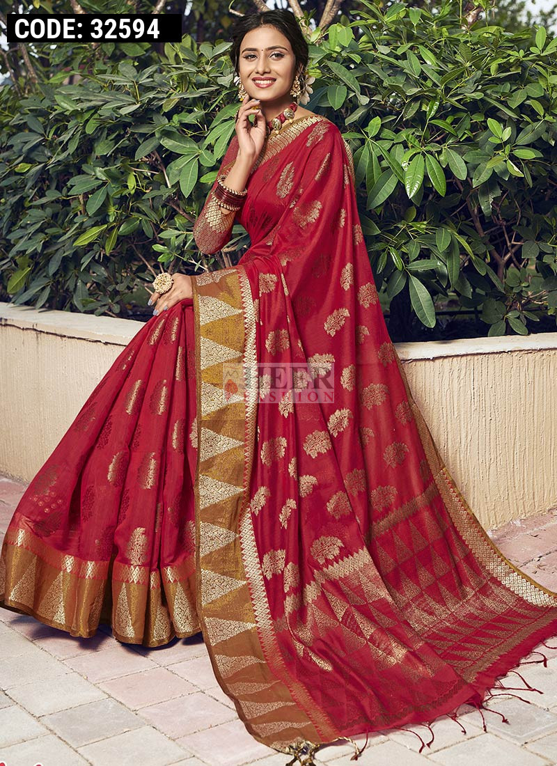 Red color chanderi cotton saree with zari weaving work