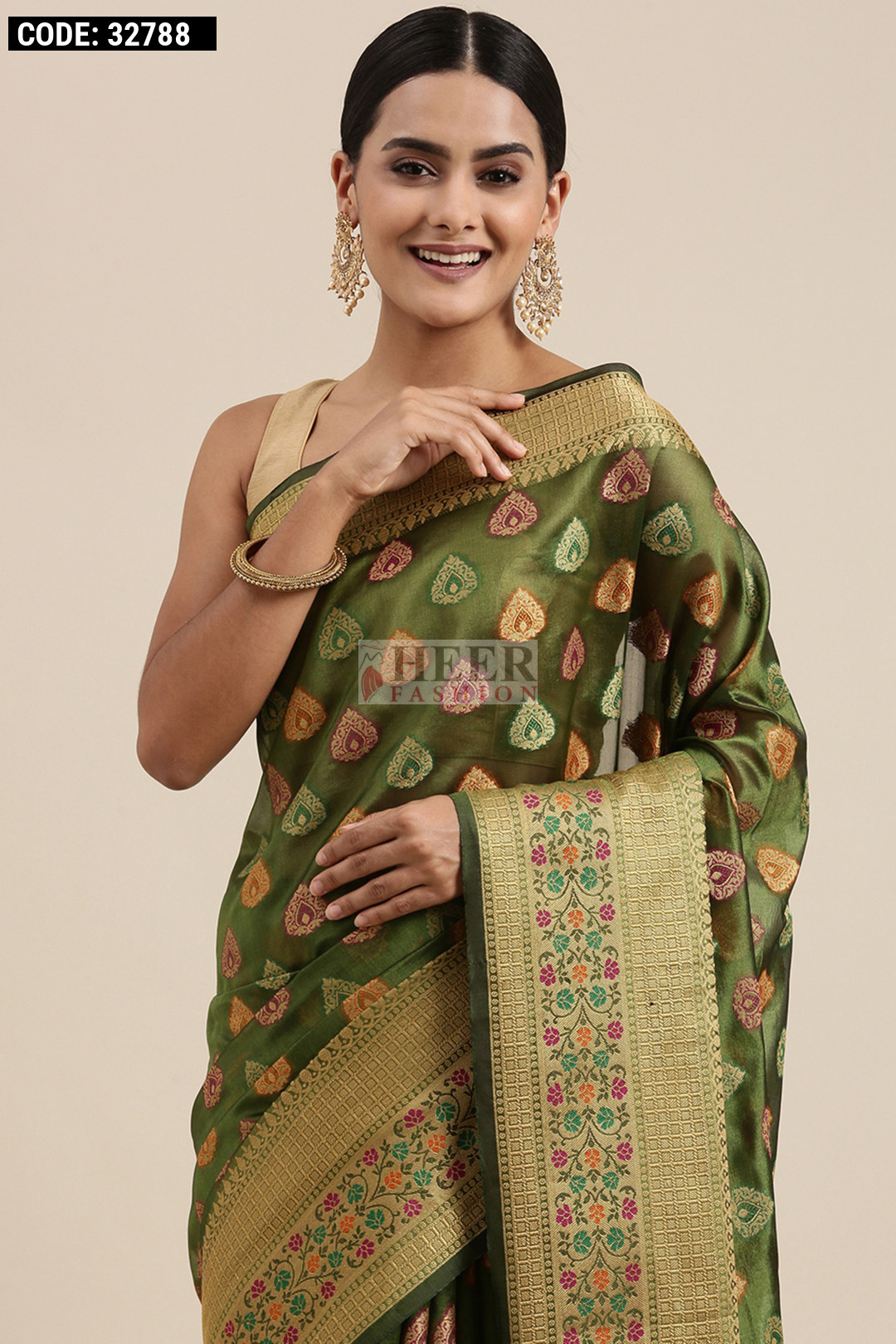 Mahendi green color soft organza silk saree with woven design