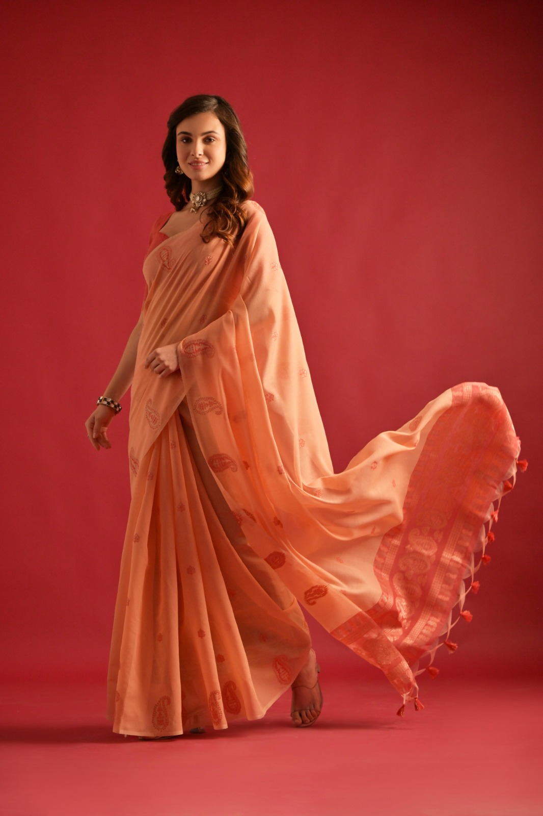 Orange Pure Resham weaved Muga cotton saree