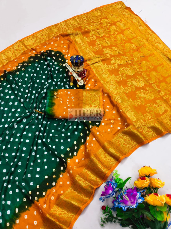 Green and yellow hand bandhej bandhani saree with zari weaving border