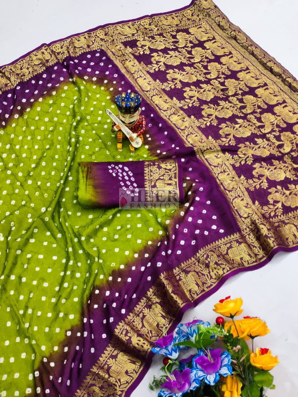 Mahendi green and purple hand bandhej bandhani saree with zari weaving ...
