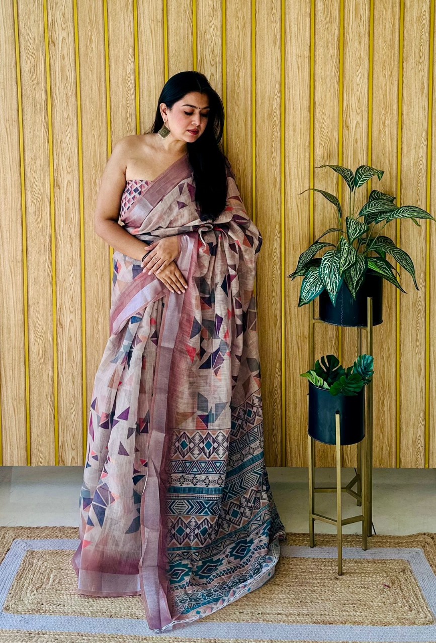 Multi soft flowy linen cotton saree with digital printed work