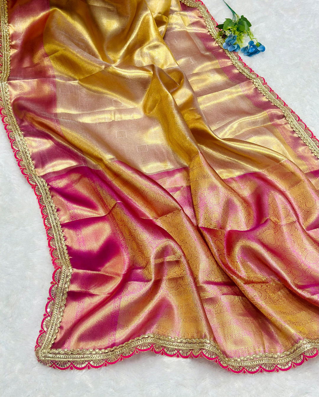 Traditional kanchipuram handloom tissue silk golden saree with zari ...
