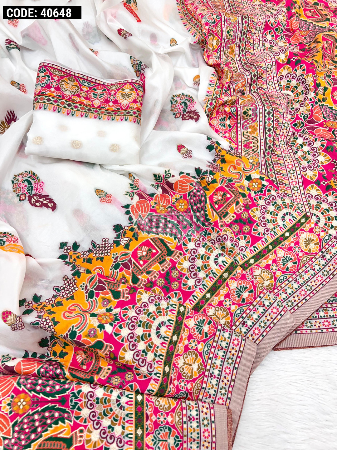 White soft rajwadi pashmina silk weaving saree with lagdi patta pallu