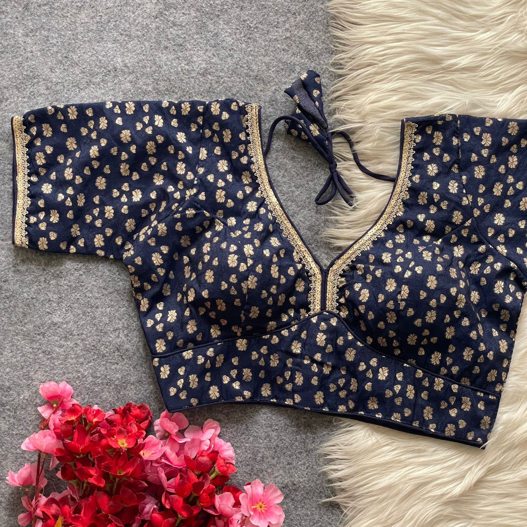 Navy blue color pure dola silk readymade blouse with sequence and zari ...