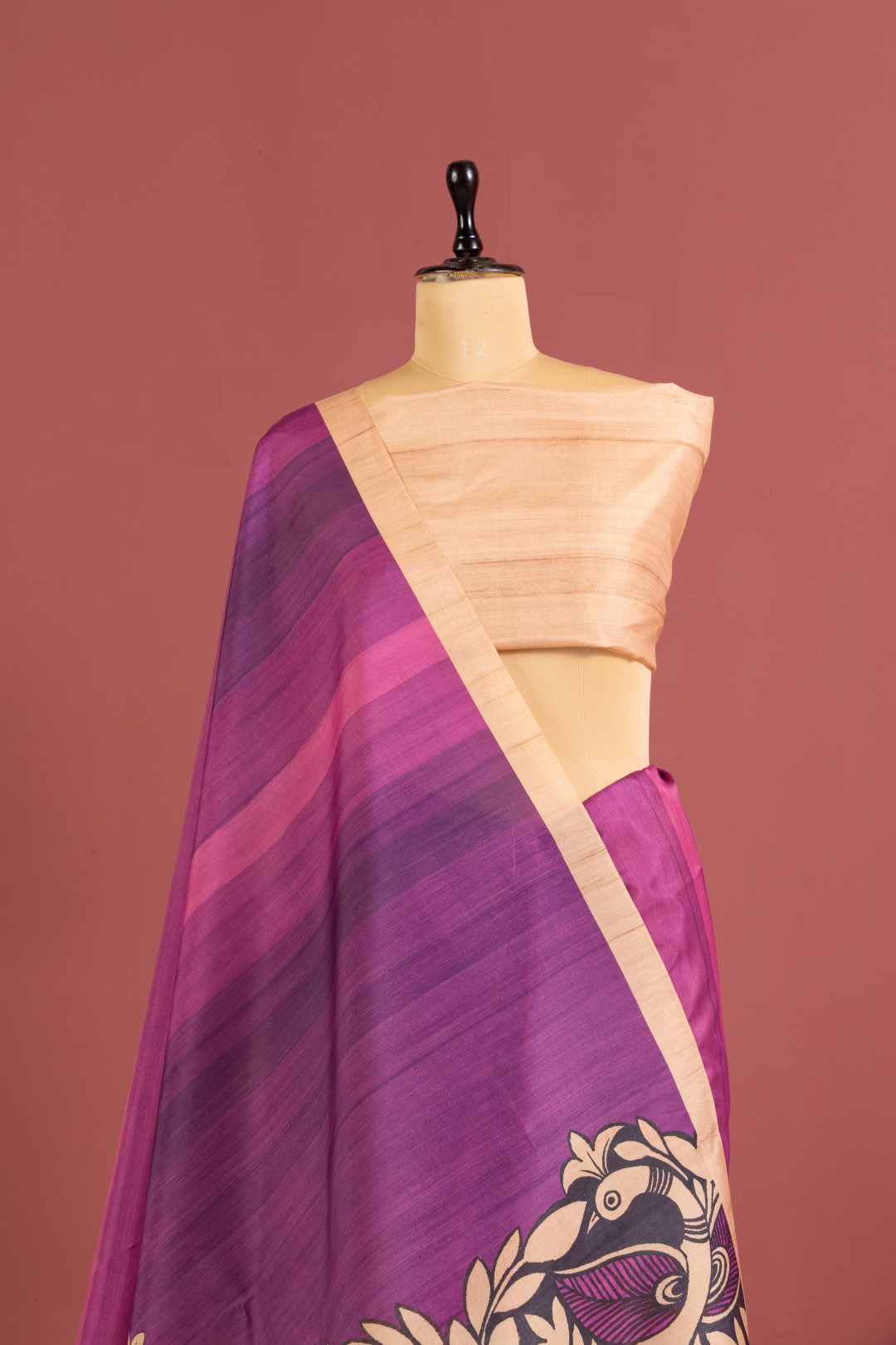 Magenta color tussar silk saree with kalamkari printed work