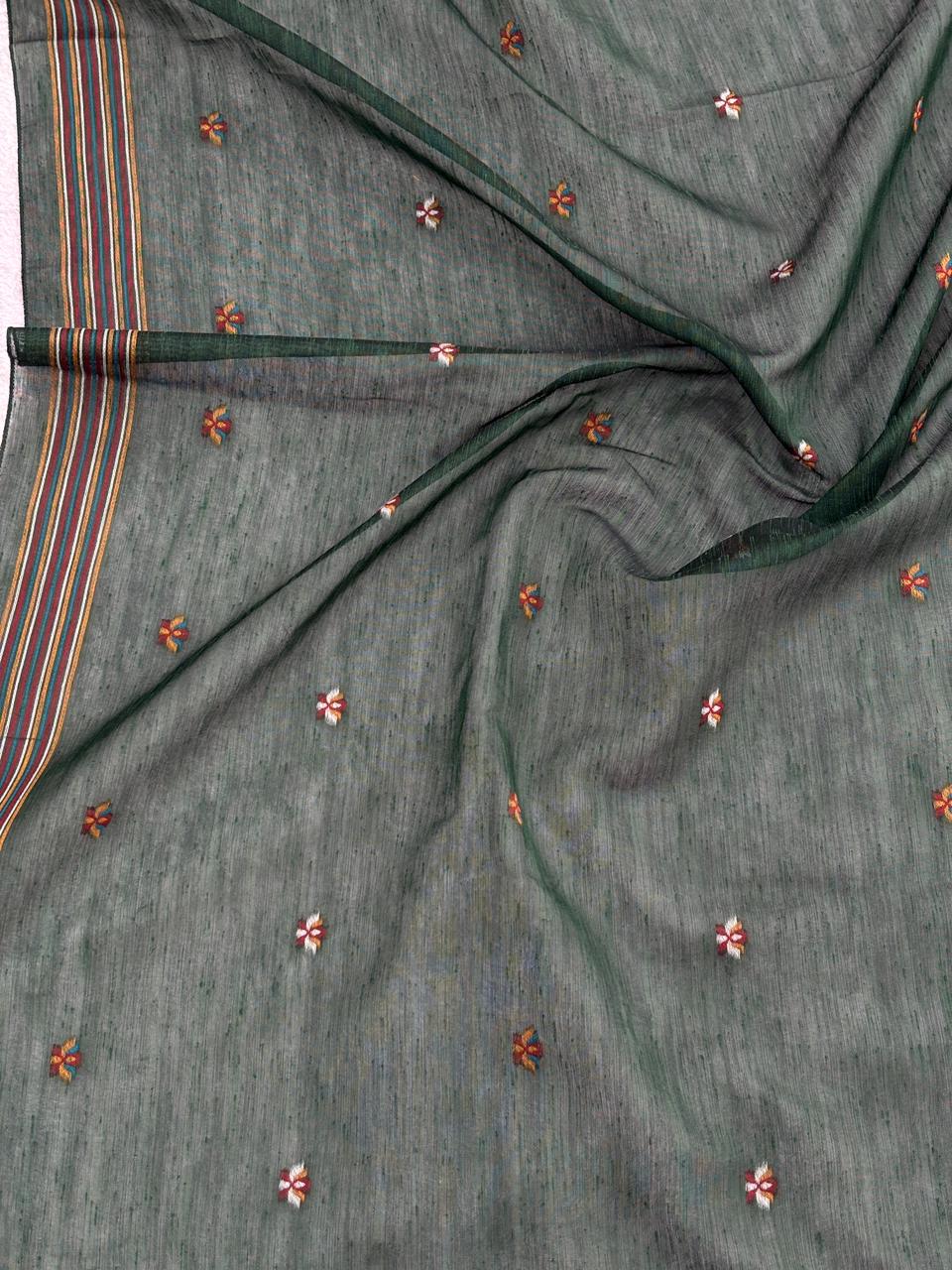 Dark green color soft ghicha silk saree with zari weaving work