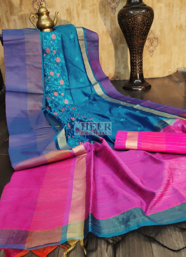 Firoji color raw silk saree with embroidered cut work