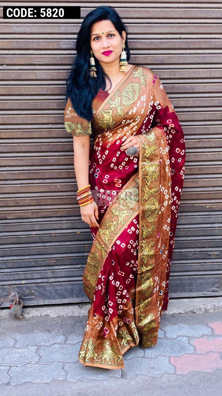 Maroon color hand bandhej bandhani saree