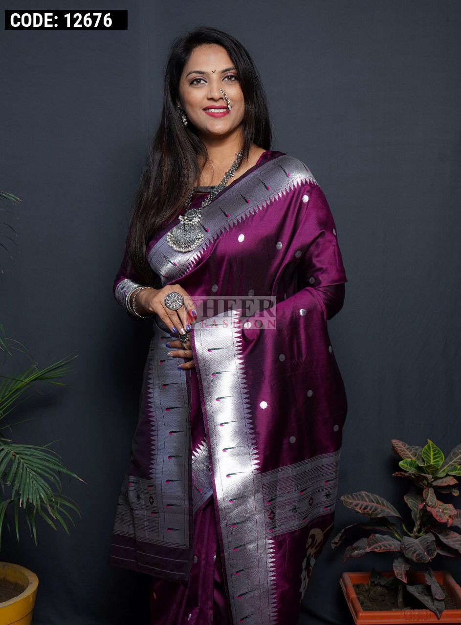 Magenta color soft paithani silk saree with zari weaving work