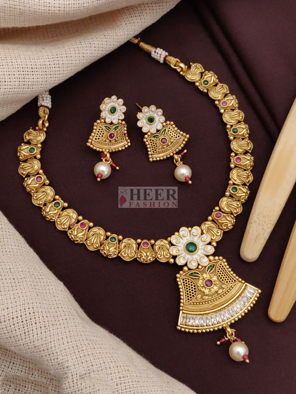 Floral Golden Necklace Set For Wedding Wear