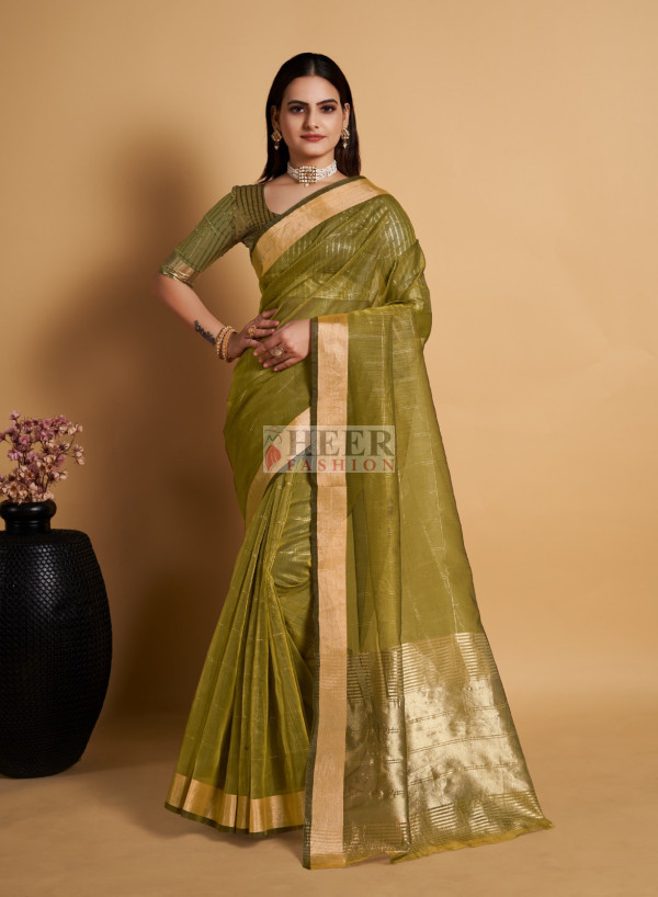 Mahendi green color organza silk saree with zari weaving work