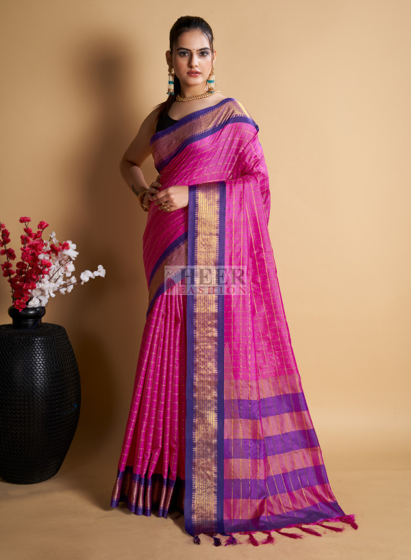 Rani pink color soft cotton saree with zari weaving work