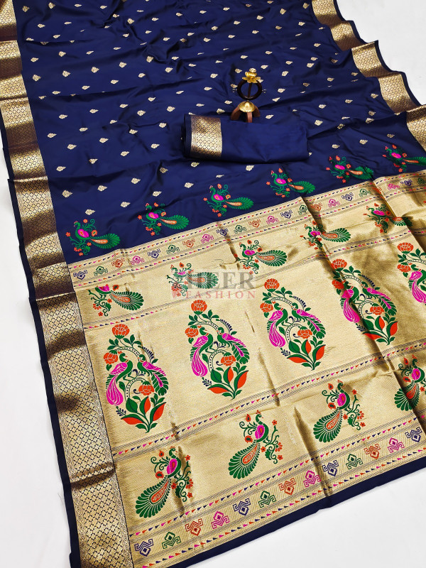 Navy blue color paithani silk saree with zari weaving work