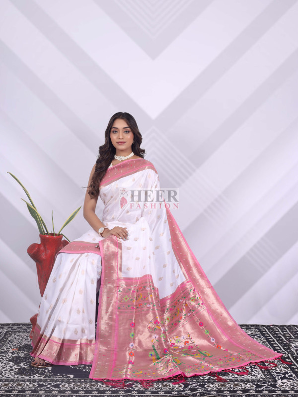 White color paithani silk saree with zari weaving work
