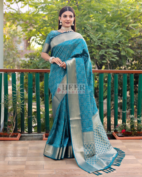 Firoji color cotton silk saree with zari weaving work