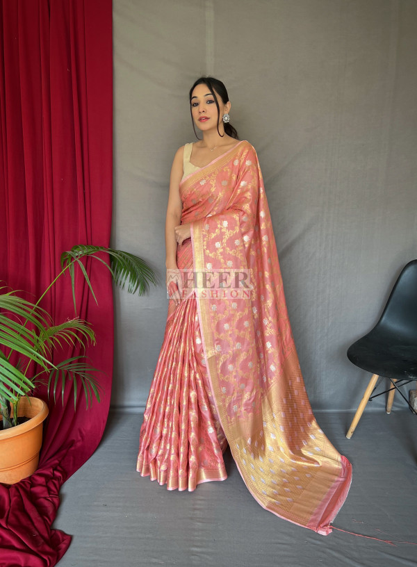 Peach color soft cotton saree with zari weaving work