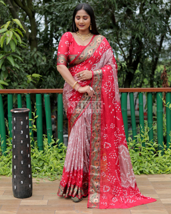 Multi color hand bandhej saree with zari weaving work